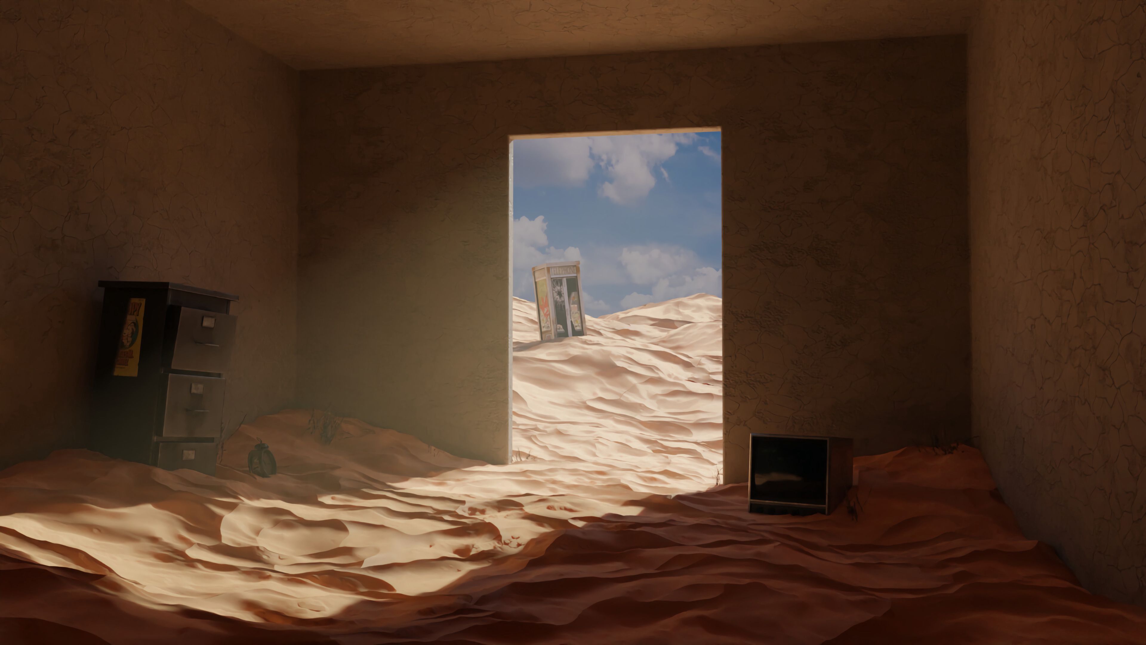 Download wallpaper 3840x2160 sand, shadow, sky, doorway, art hd background