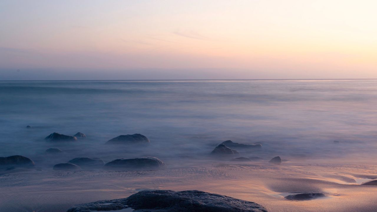 Wallpaper sea, beach, stones, fog, nature hd, picture, image