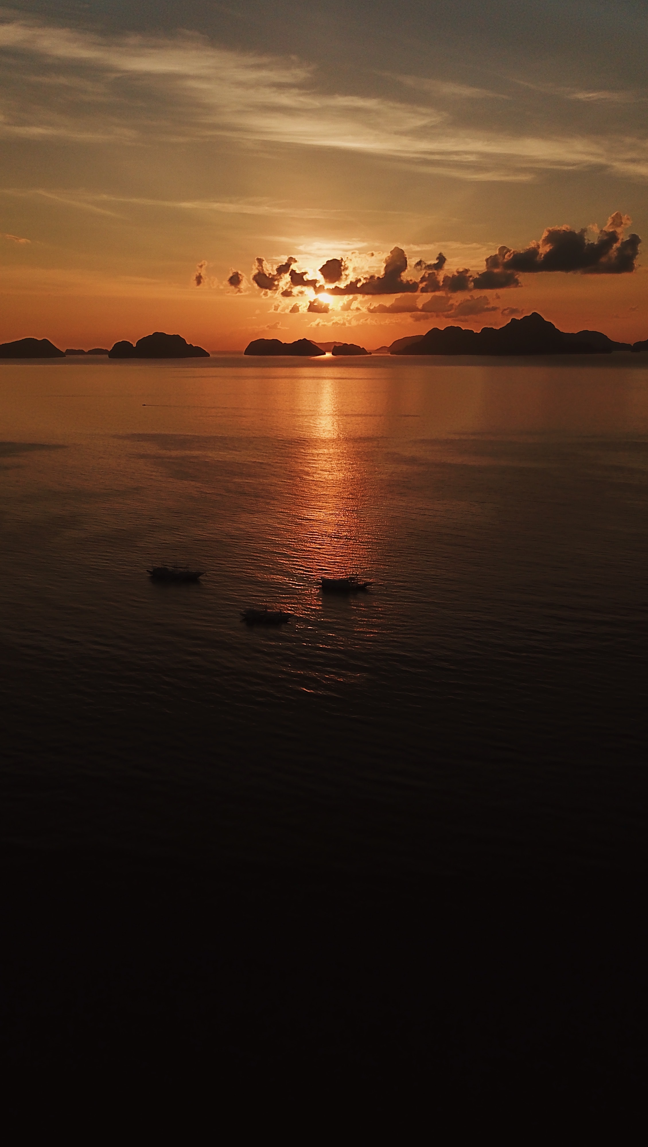 Download wallpaper 2259x4000 sea, sunset, boats, aerial view, twilight ...