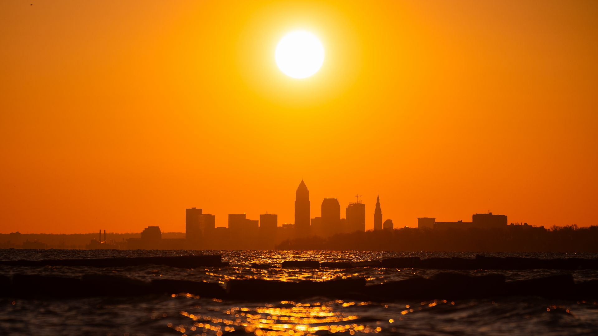 Download wallpaper 1920x1080 sea, sunset, waves, city full hd, hdtv ...