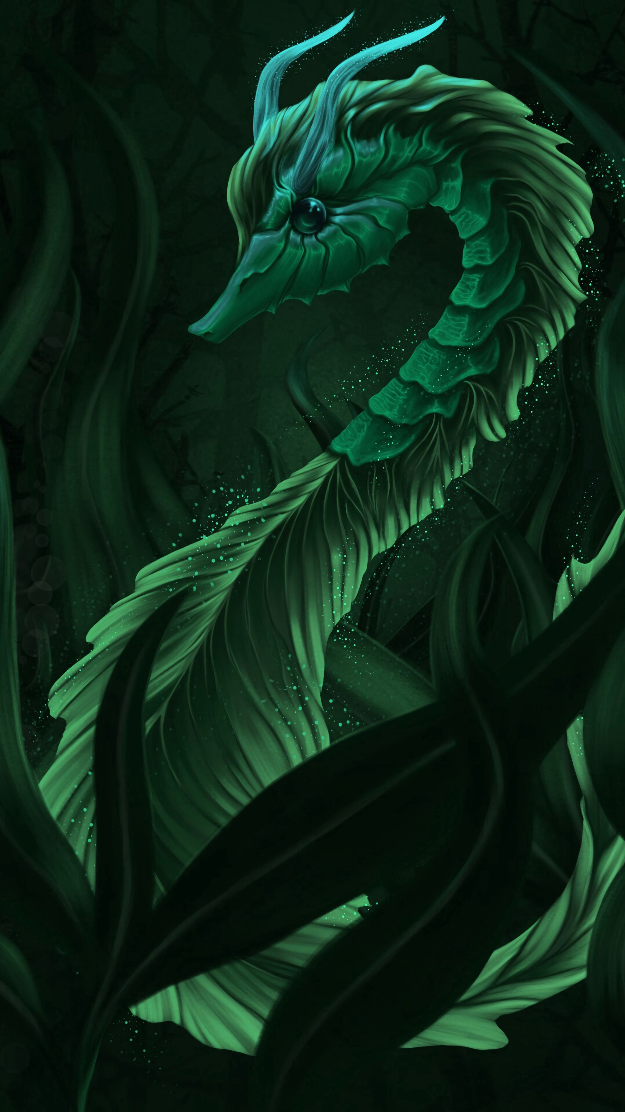Download wallpaper 2160x3840 seahorse, sea, algae, art, green samsung ...