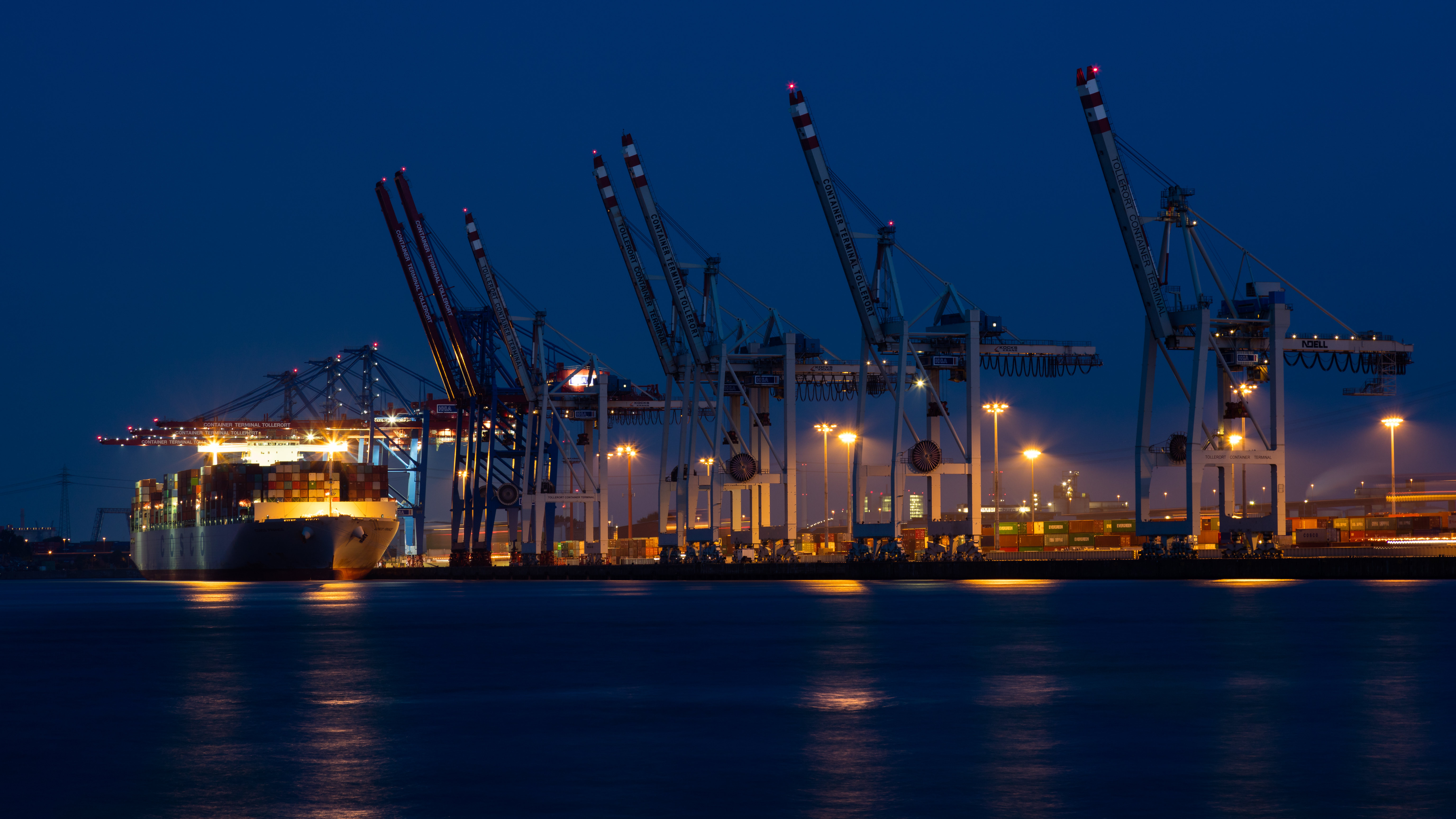Download wallpaper 6144x3456 ship, port, lights, sea, night hd background