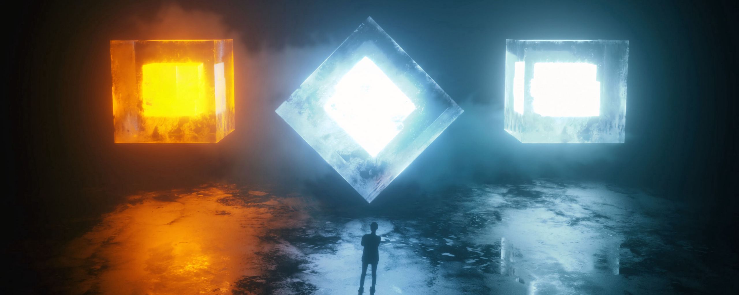 Download wallpaper 2560x1024 silhouette, rhombus, glow, dark ultrawide ...