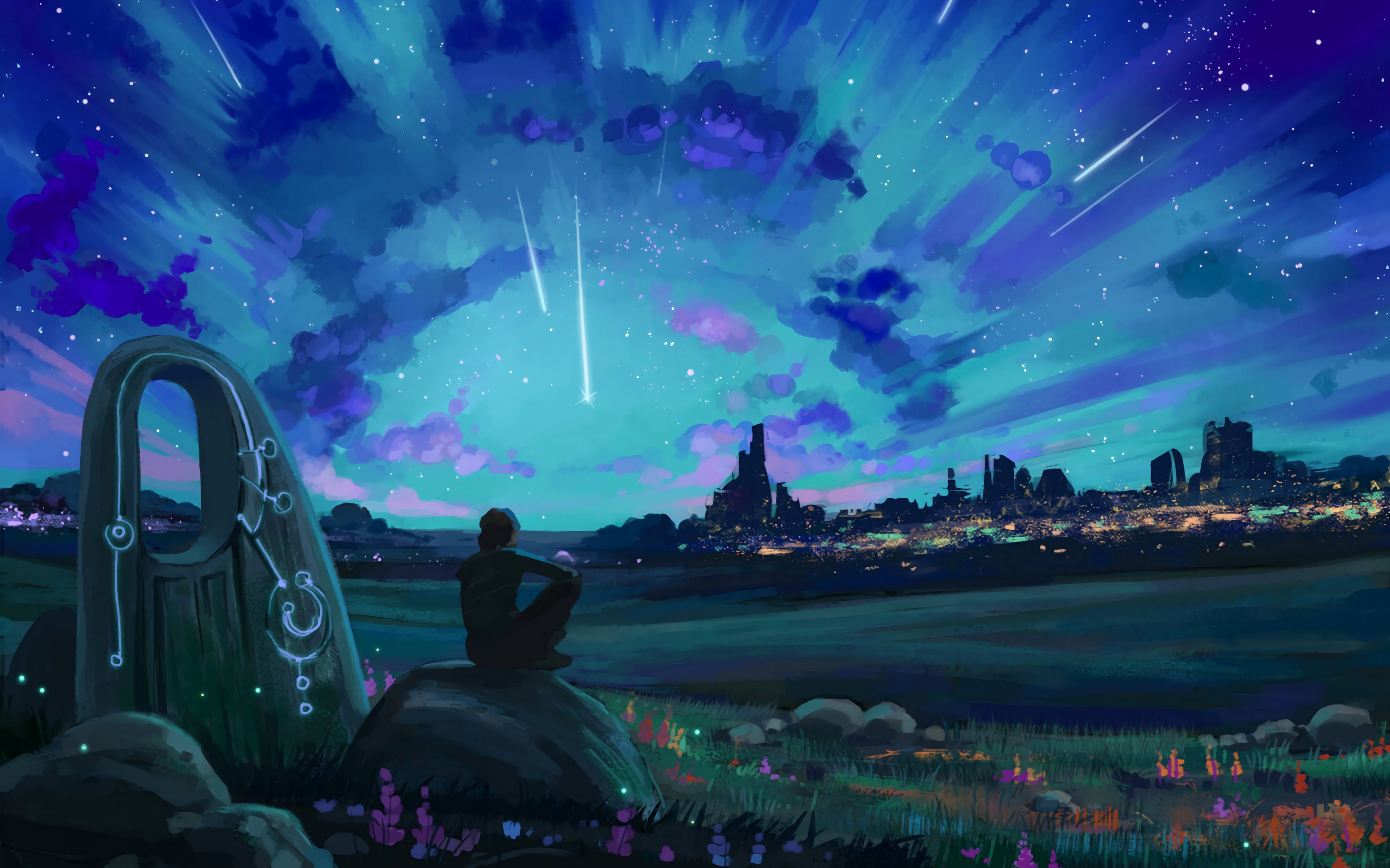 Download wallpaper 3840x2400 silhouette, alone, starfall, landscape ...