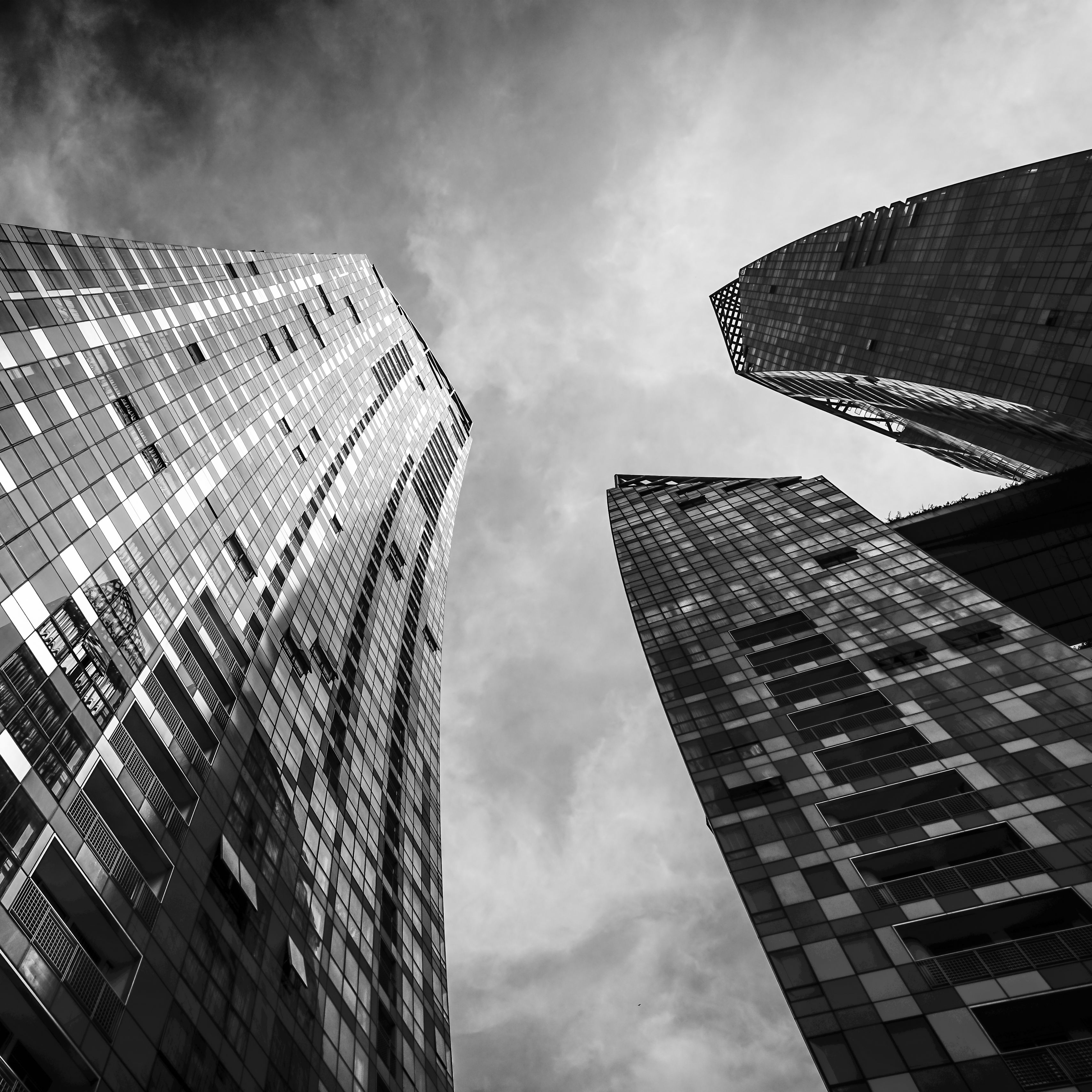 Download wallpaper 3415x3415 skyscrapers, buildings, bottom view, black ...