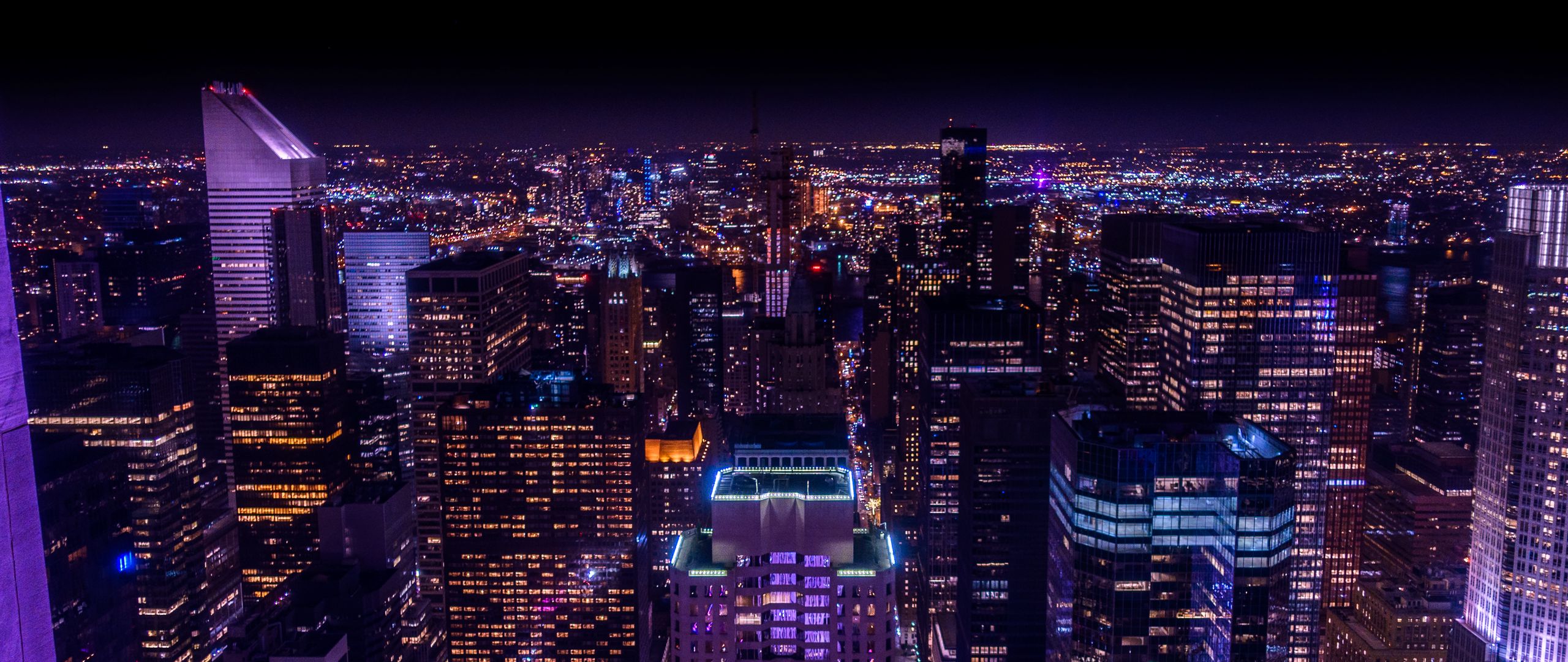 Download wallpaper 2560x1080 skyscrapers, lights, aerial view, city ...