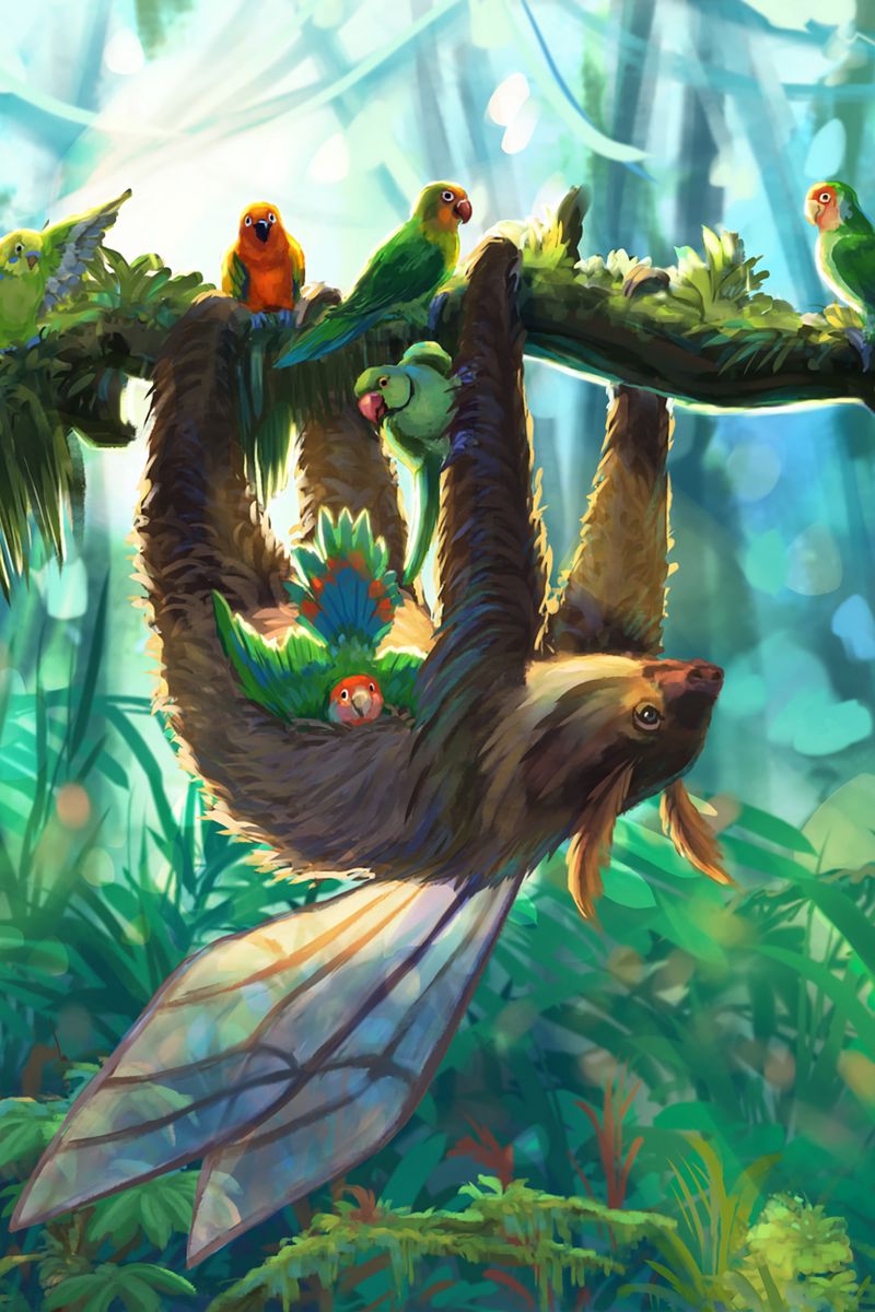 Download wallpaper 800x1200 sloth, parrots, jungle, art, branch, birds ...