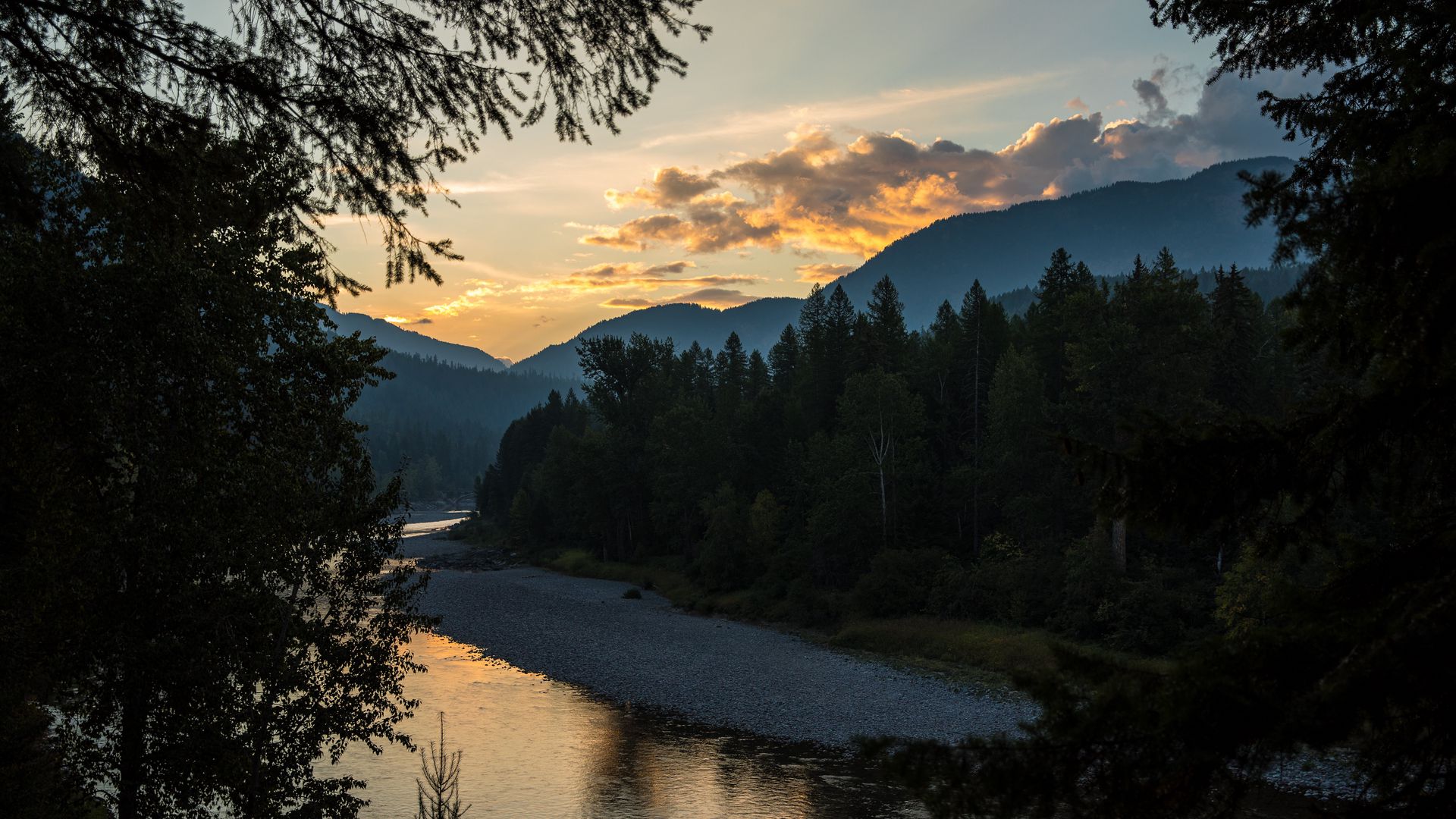 Download wallpaper 1920x1080 spruce, river, branches, hills full hd ...