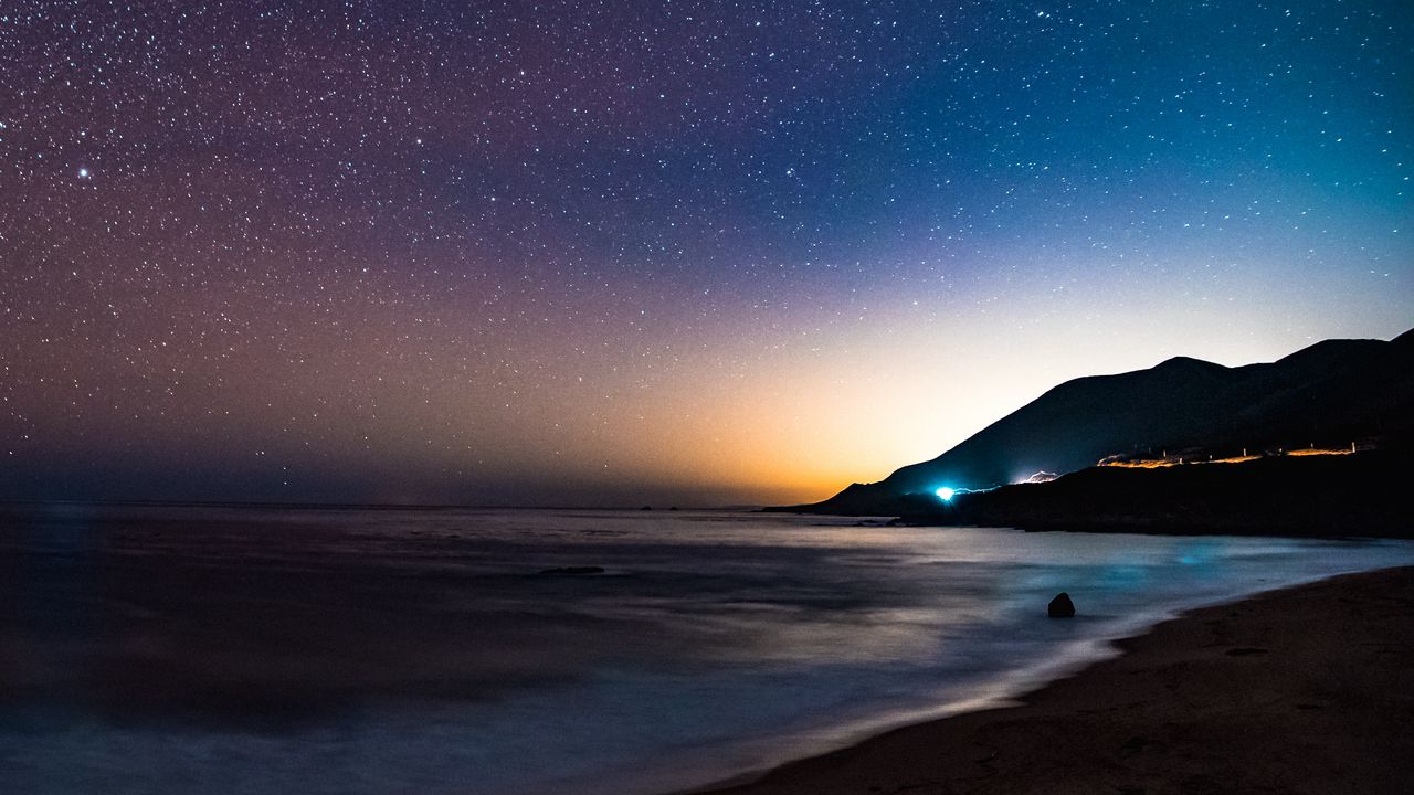 Wallpaper starry sky, mountains, night, sea, stars, shore hd, picture ...