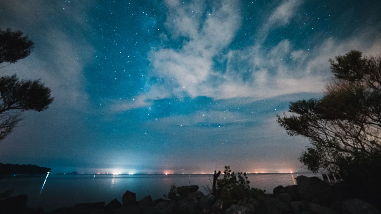 Download wallpaper 1280x720 starry sky, night, sky, river hd, hdv, 720p ...