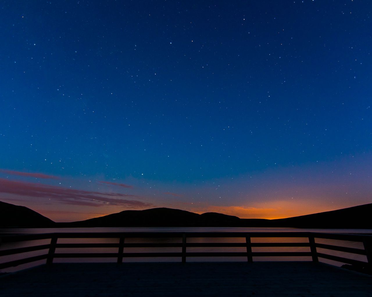 Download wallpaper 1280x1024 starry sky, railing, stars, mountains ...