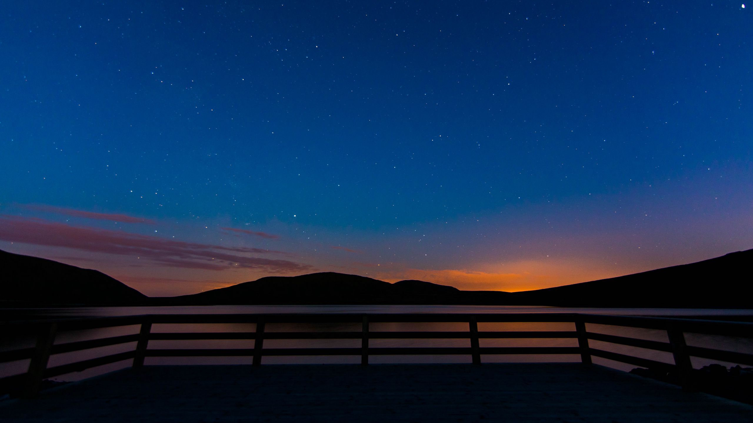 Download wallpaper 2560x1440 starry sky, railing, stars, mountains ...