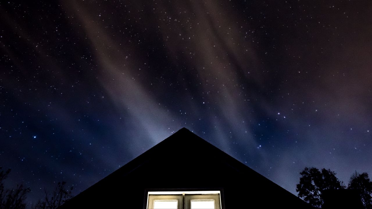 Wallpaper starry sky, roof, night, window hd, picture, image