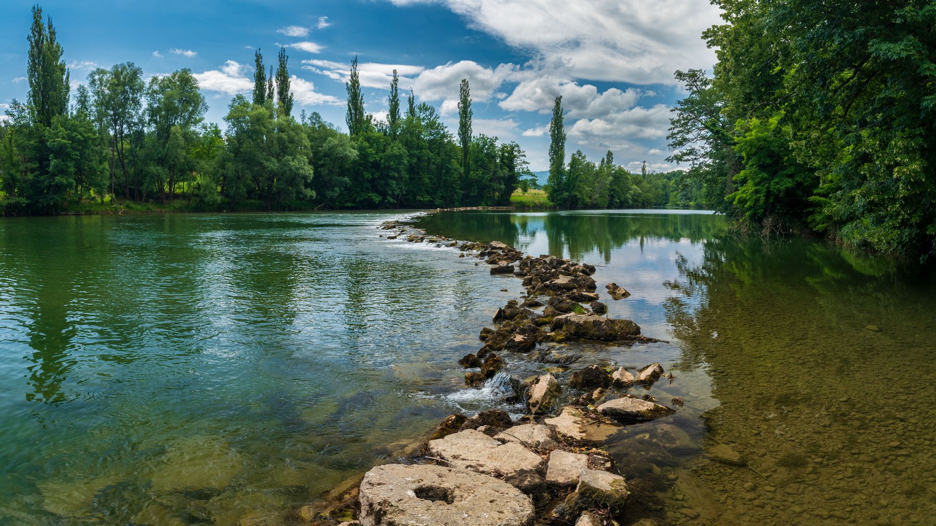 Download wallpaper 1920x1080 stones, river, trees, landscape full hd ...