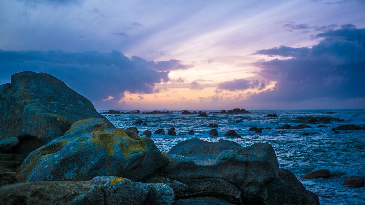 Wallpaper stones, rocks, sea, sunset, clouds hd, picture, image