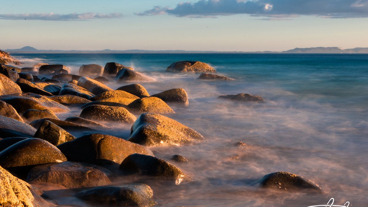 Wallpaper stones, sea, fog, horizon hd, picture, image