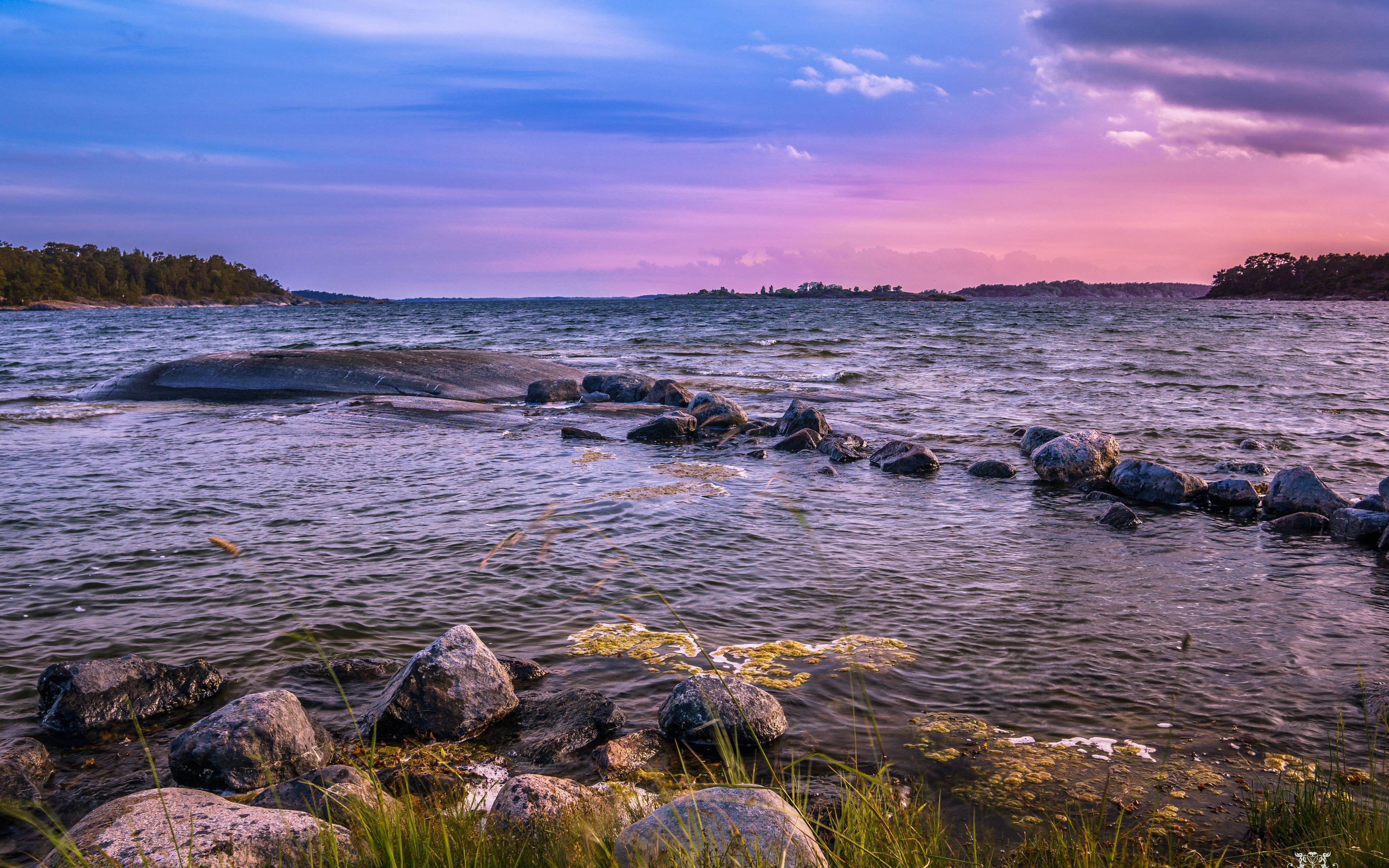 Download wallpaper 3840x2400 stones, water, horizon, sunset, sky 4k ...