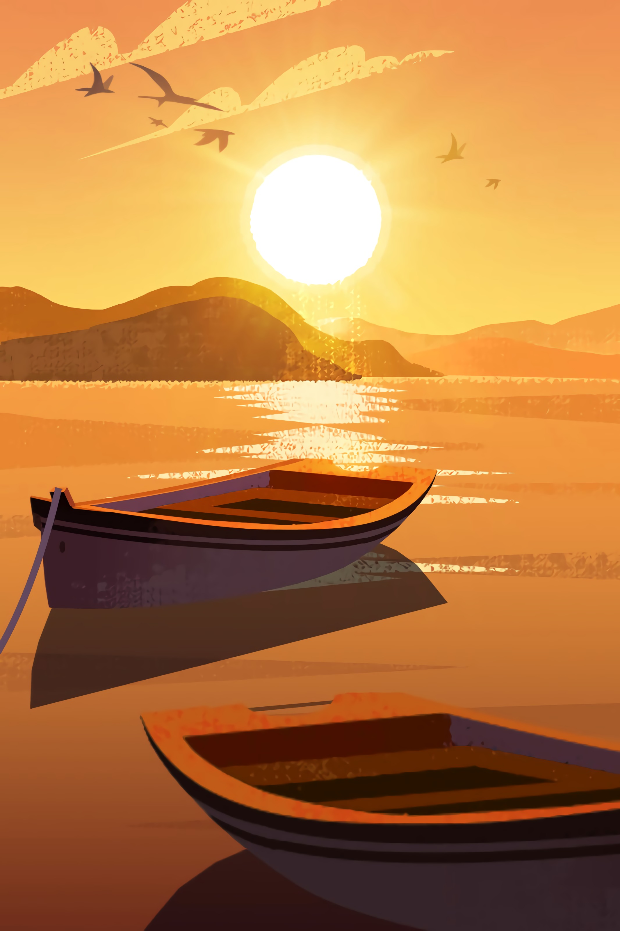 Download wallpaper 2132x3200 sun, boat, mountains, art hd background