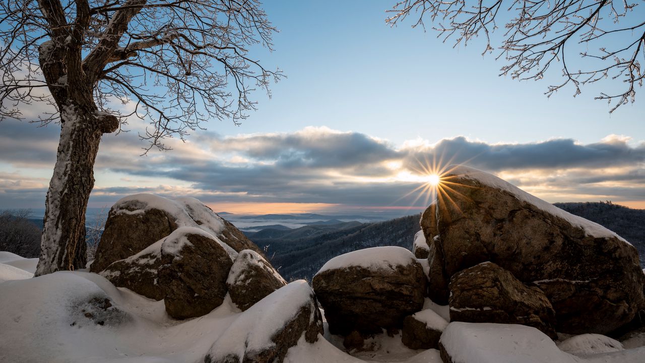 Wallpaper stones, sun, snow, winter, branches, nature hd, picture, image