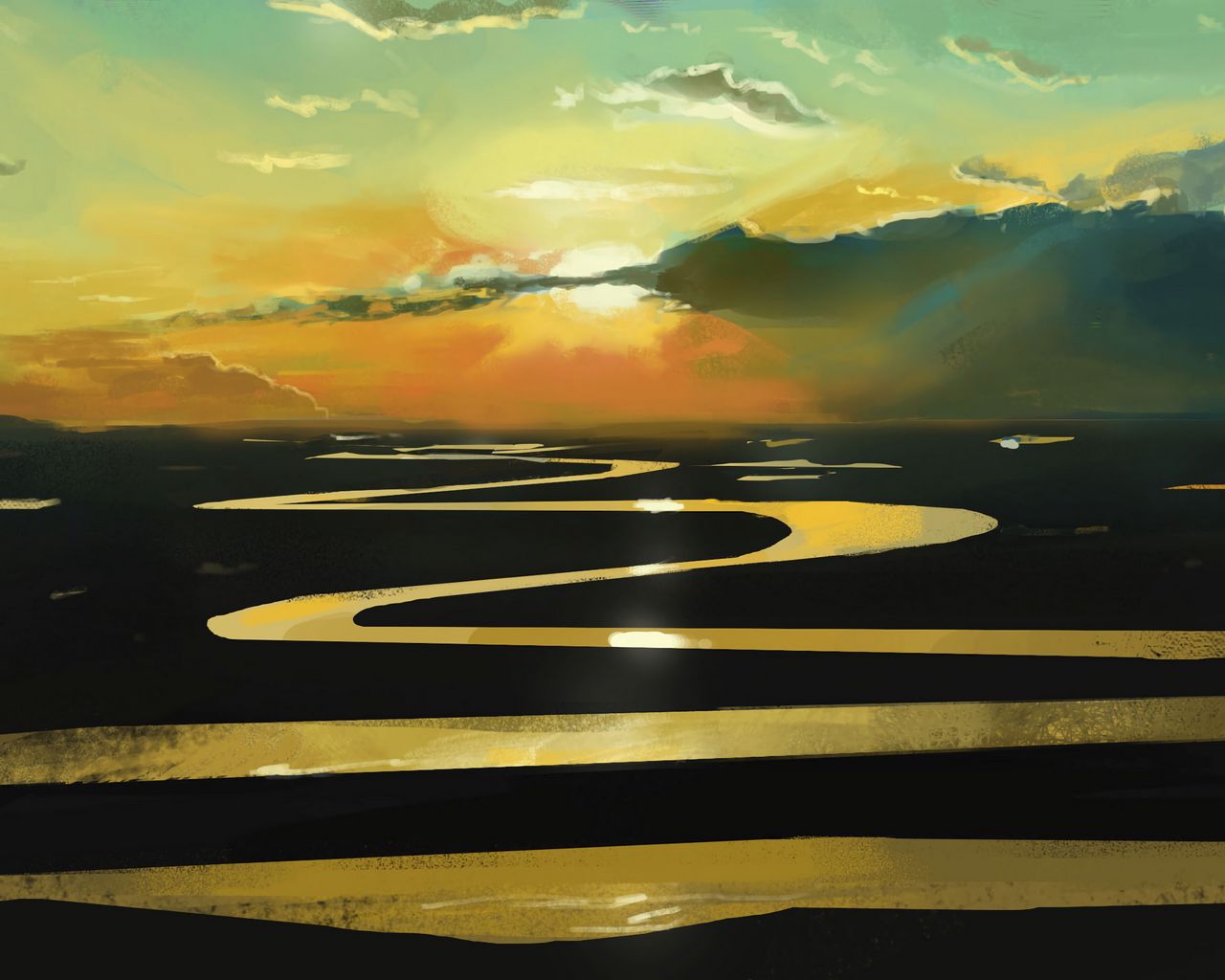Download wallpaper 1280x1024 sunset, river, winding, art standard 5:4 ...