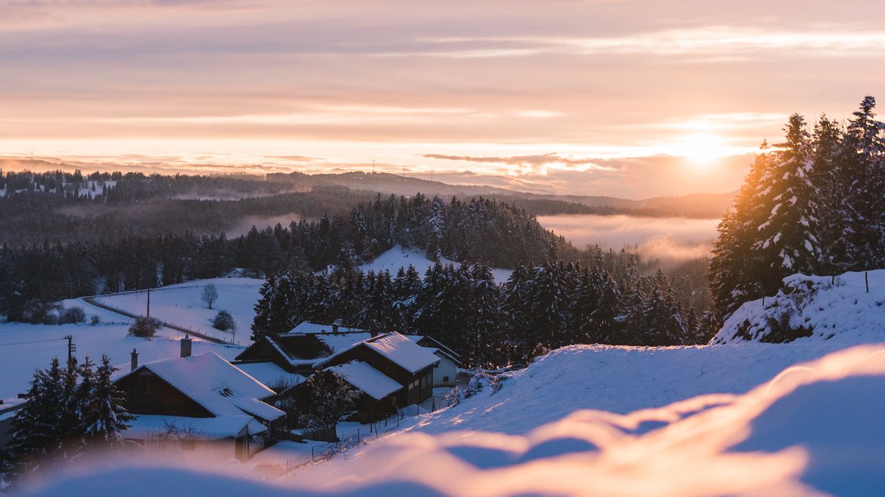 Wallpaper sunset, snow, houses, mountains, winter, landscape hd ...