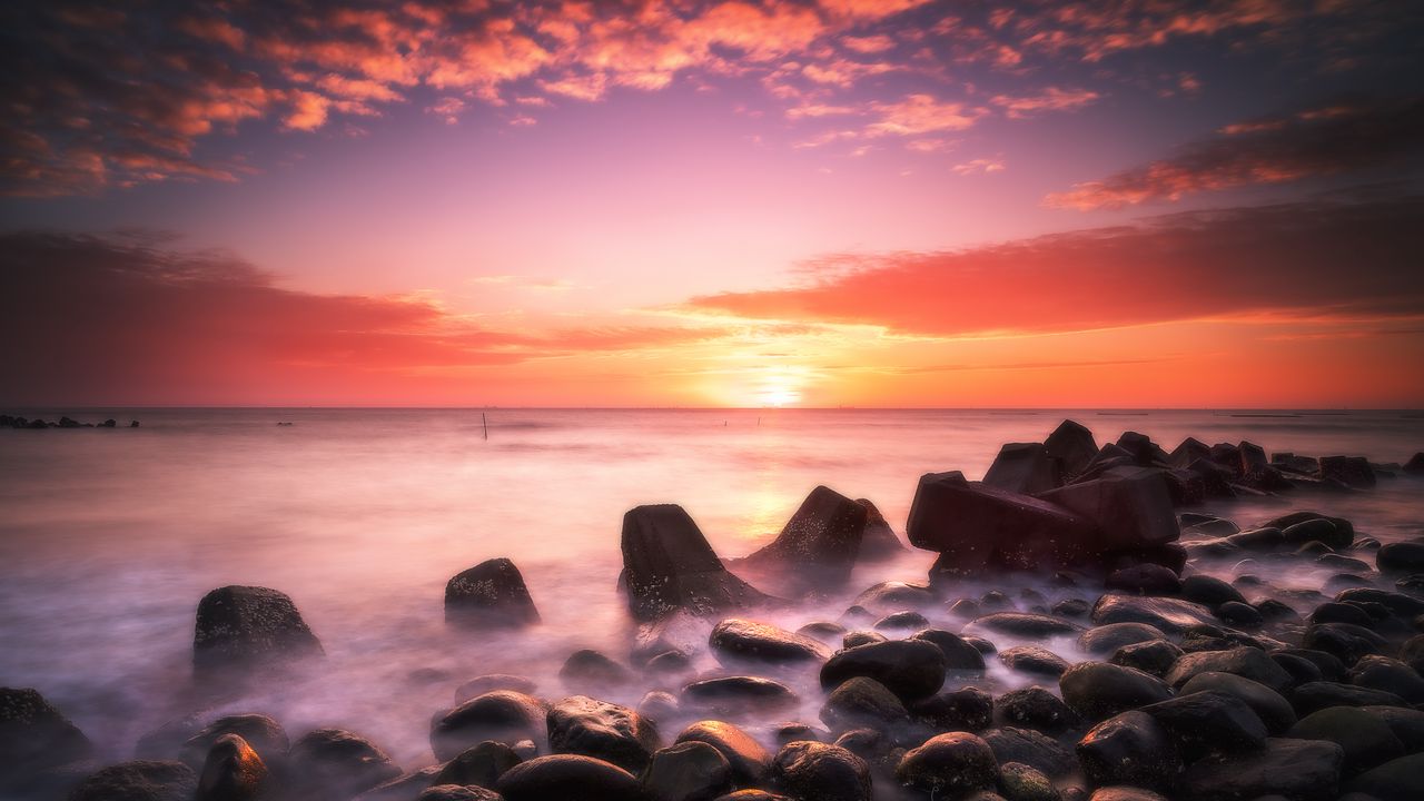 Wallpaper sunset, water, stones, fog hd, picture, image
