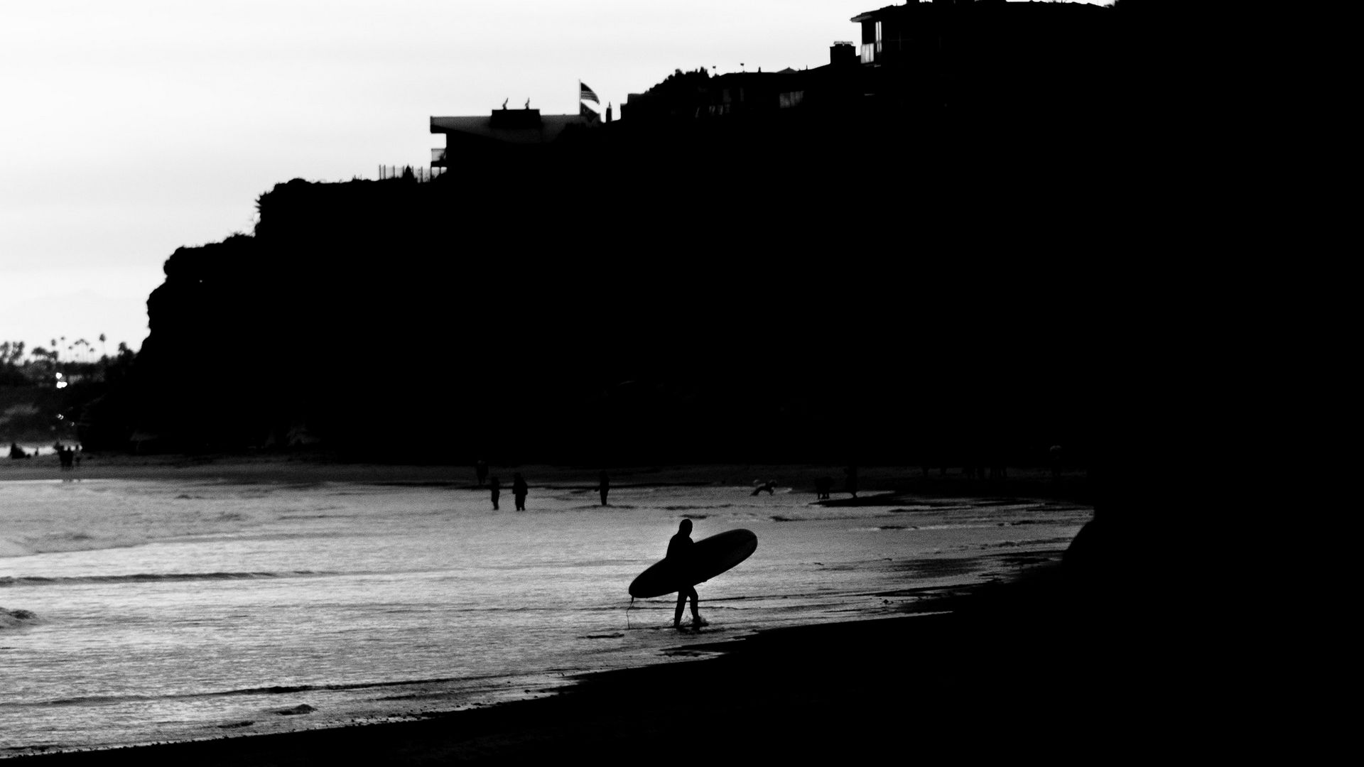 Download wallpaper 1920x1080 surfing, surfer, bw, coast, rocks full hd ...