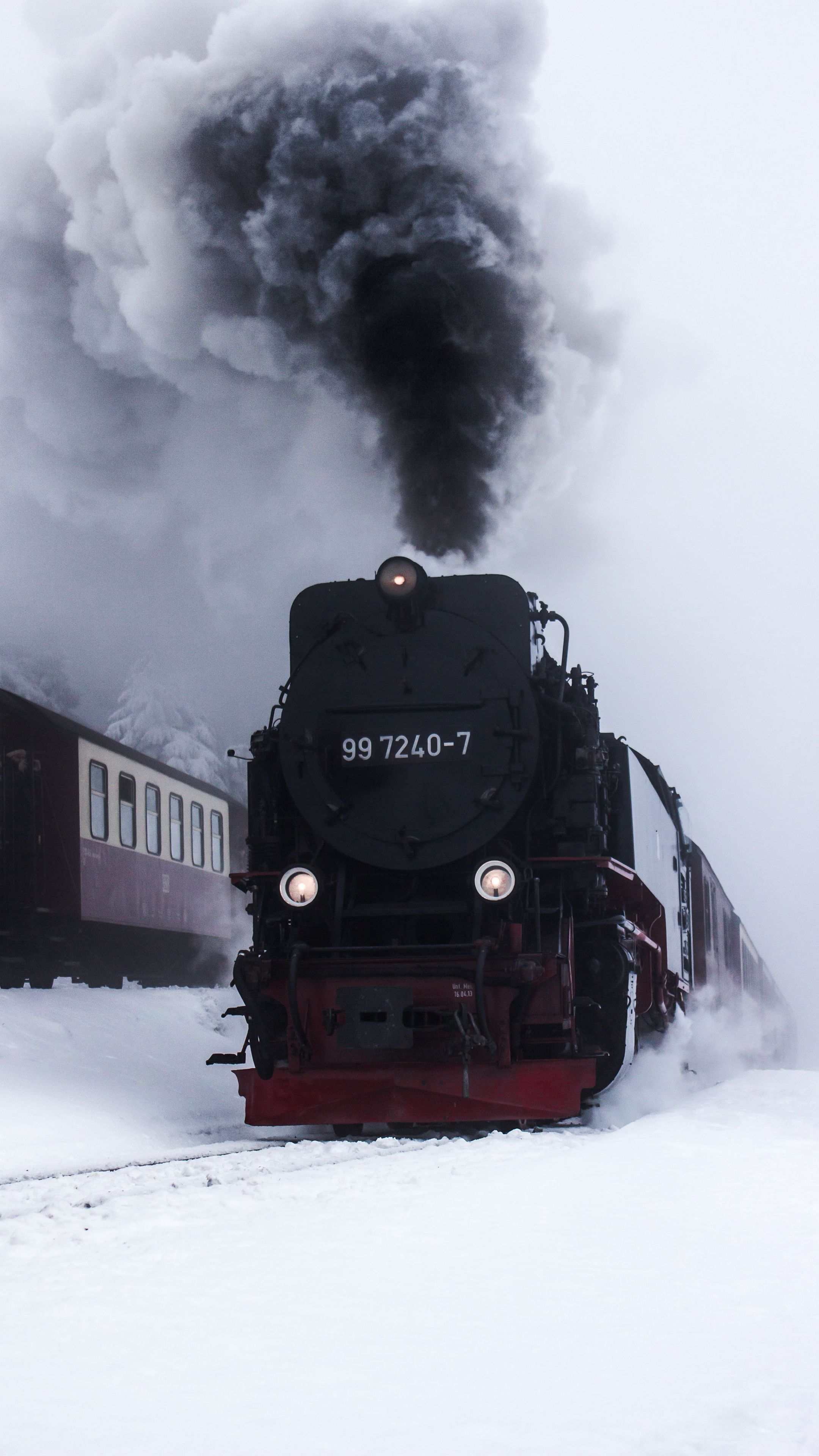 Download wallpaper 2160x3840 train, locomotive, smoke, snow, black ...
