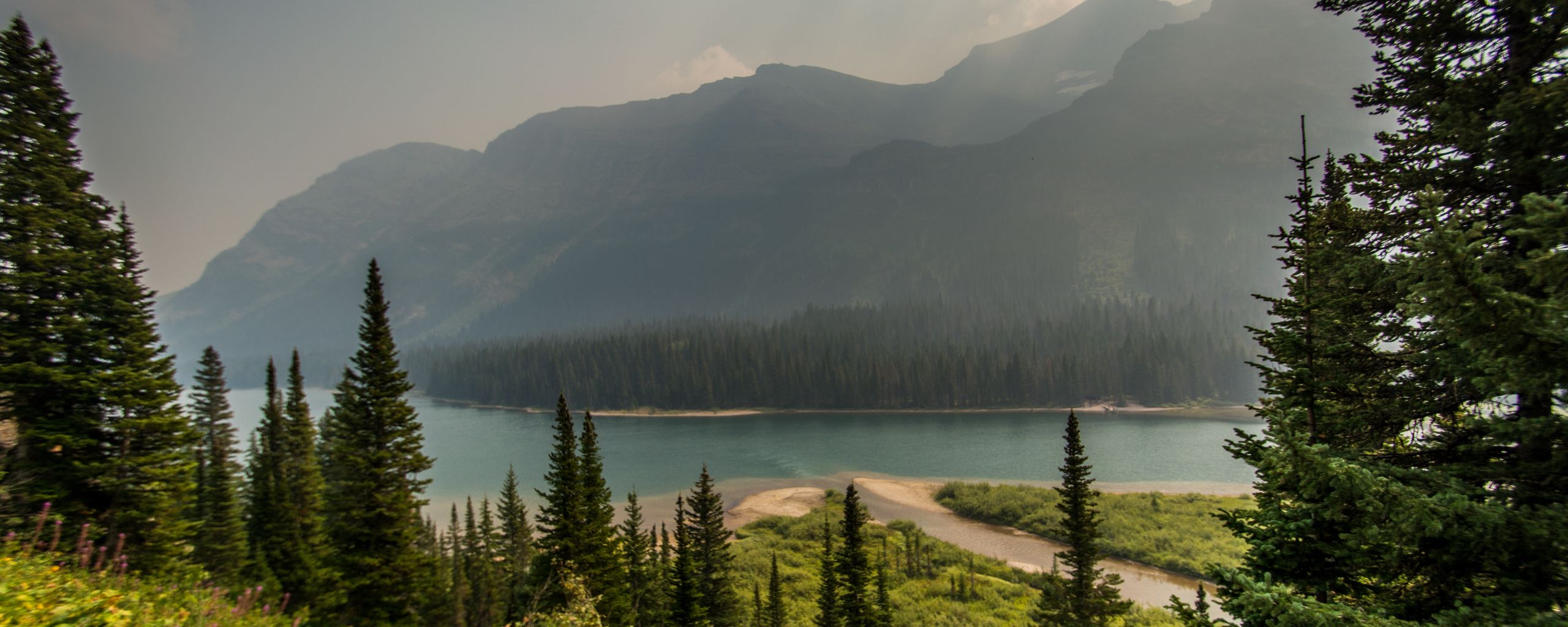 Download wallpaper 2560x1024 trees, mountains, lake, beach, nature ...