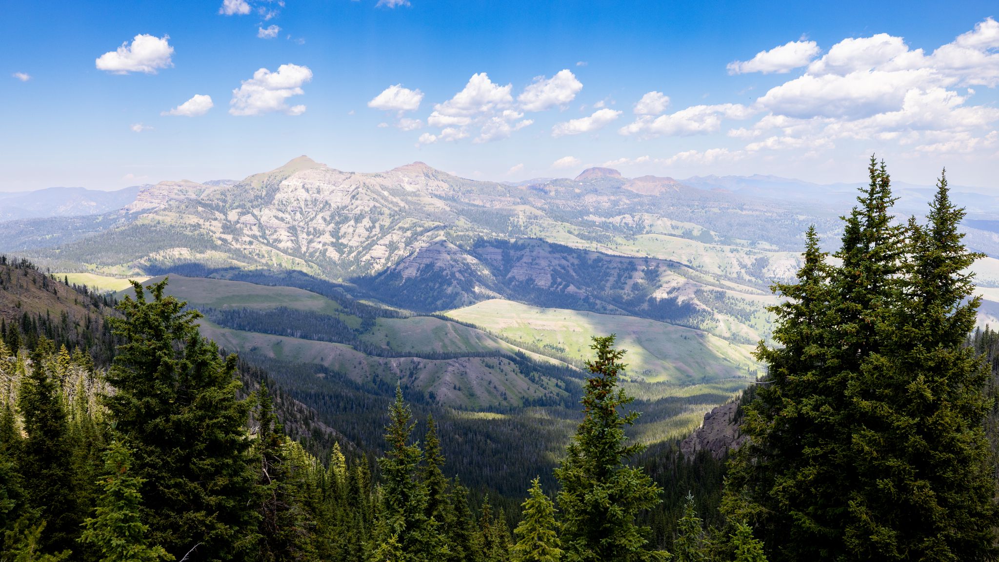 Download wallpaper 2048x1152 trees, mountains, sky, clouds, landscape ...