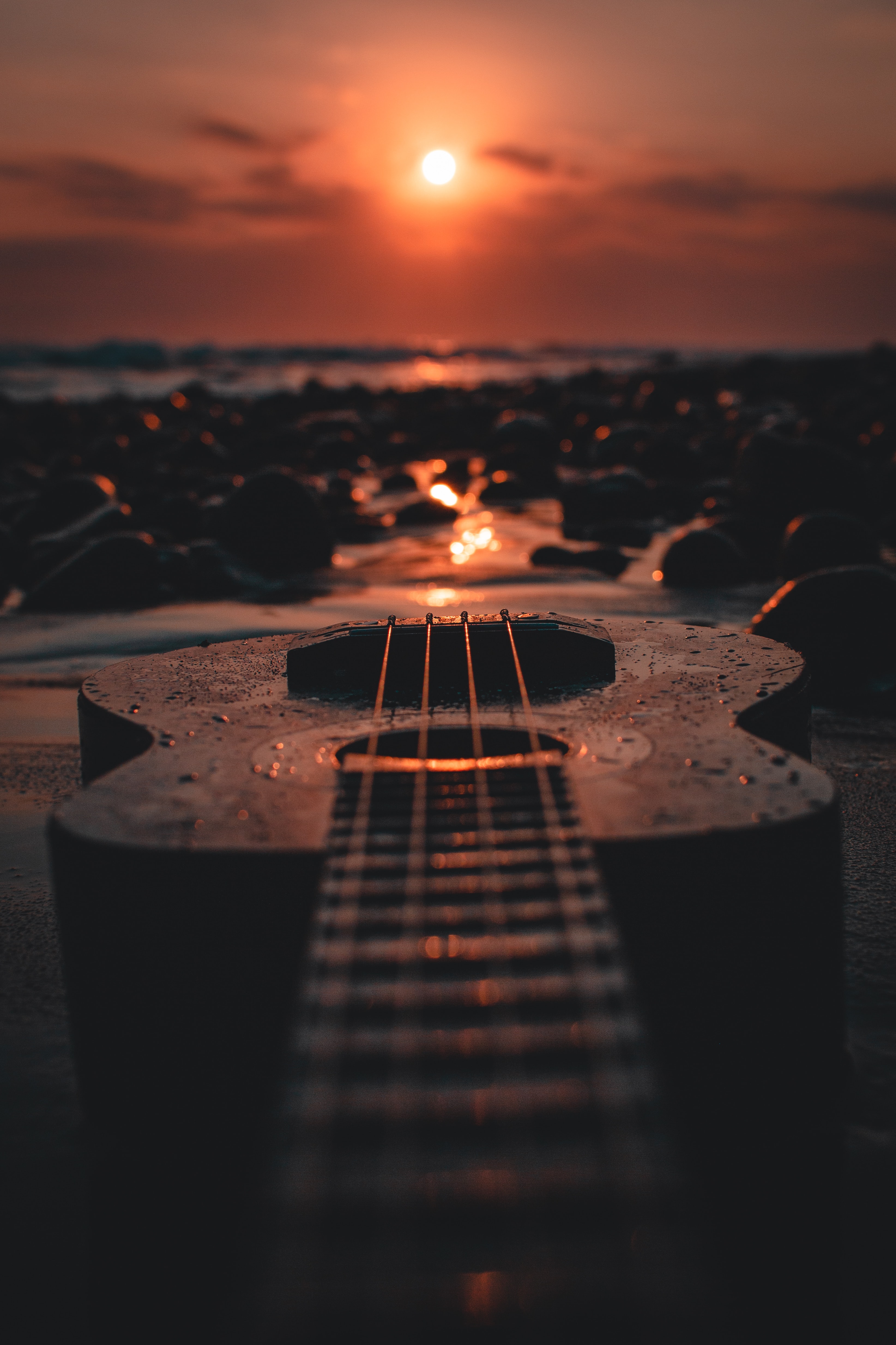 Download wallpaper 3287x4931 ukulele, guitar, sunset, beach, dusk hd ...