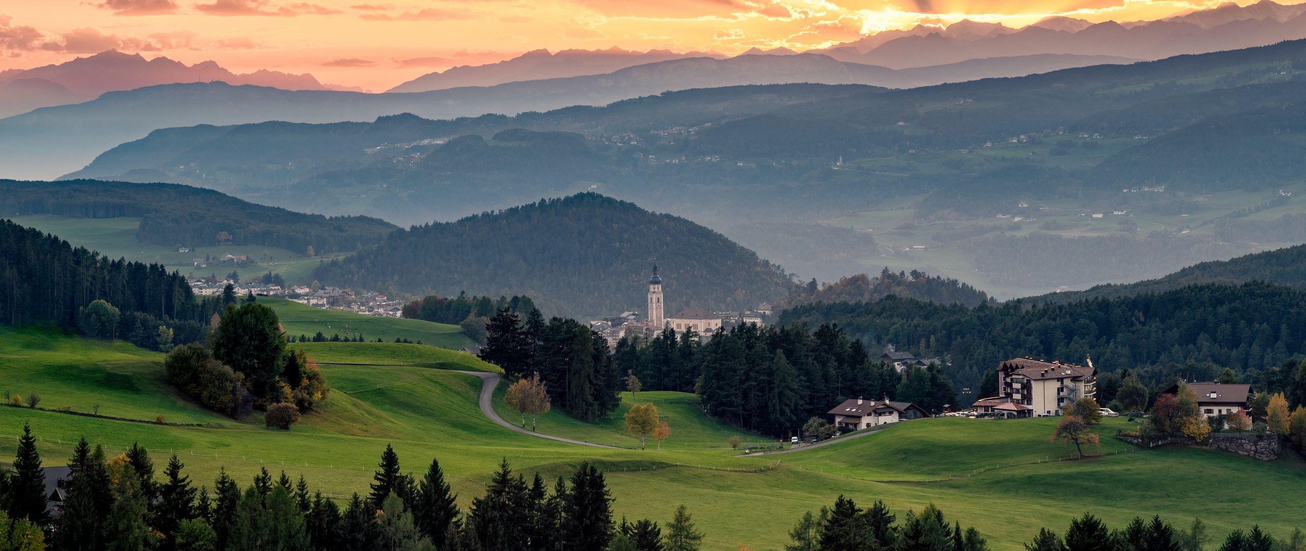 Download wallpaper 2560x1080 valley, trees, mountains, chapel dual wide ...