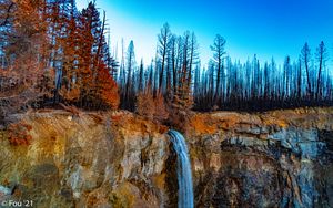 Wallpaper waterfall, cliff, stone, water, trees, forest hd, picture, image