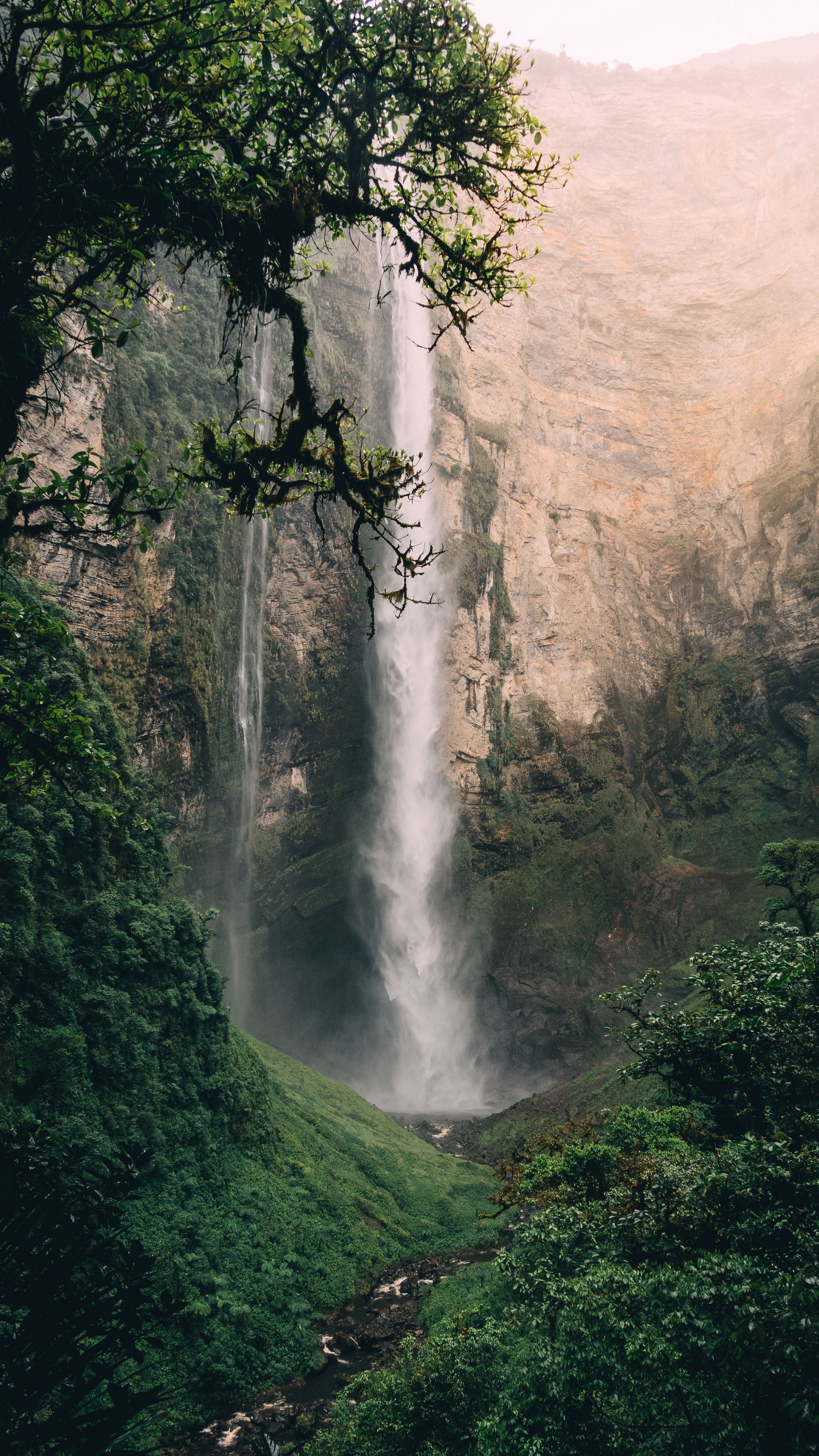 Download wallpaper 2160x3840 waterfall, cliff, water, spray, fog ...