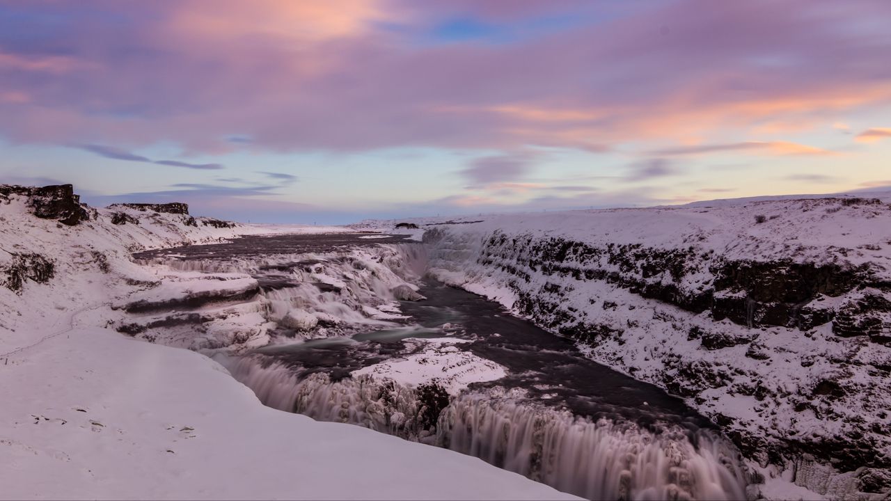 Wallpaper waterfall, ice, snow, sunset, sky, winter hd, picture, image