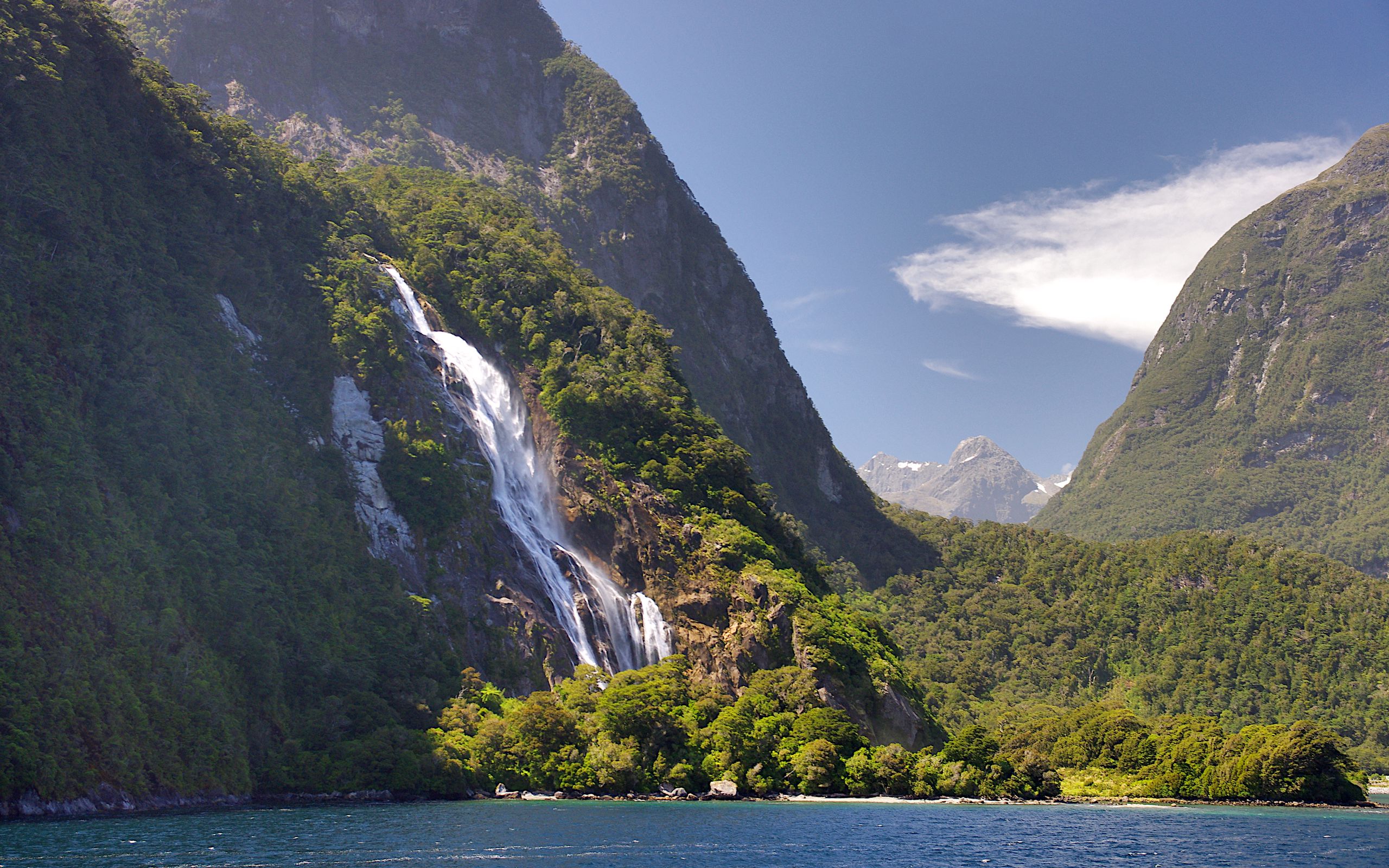 Download wallpaper 2560x1600 waterfall, mountain, trees, sea widescreen ...