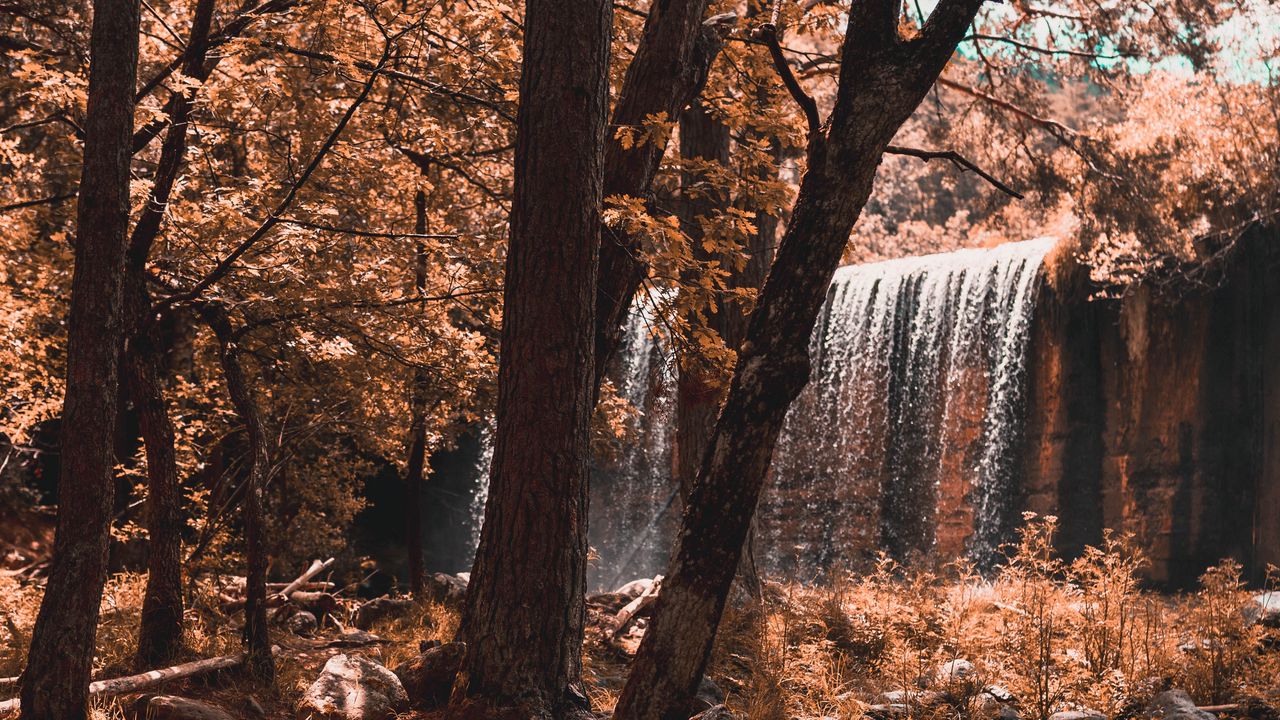 Wallpaper waterfall, river, forest, trees, autumn hd, picture, image