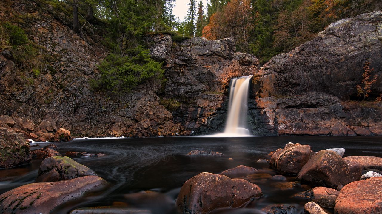 Wallpaper waterfall, rocks, stones, water, trees hd, picture, image