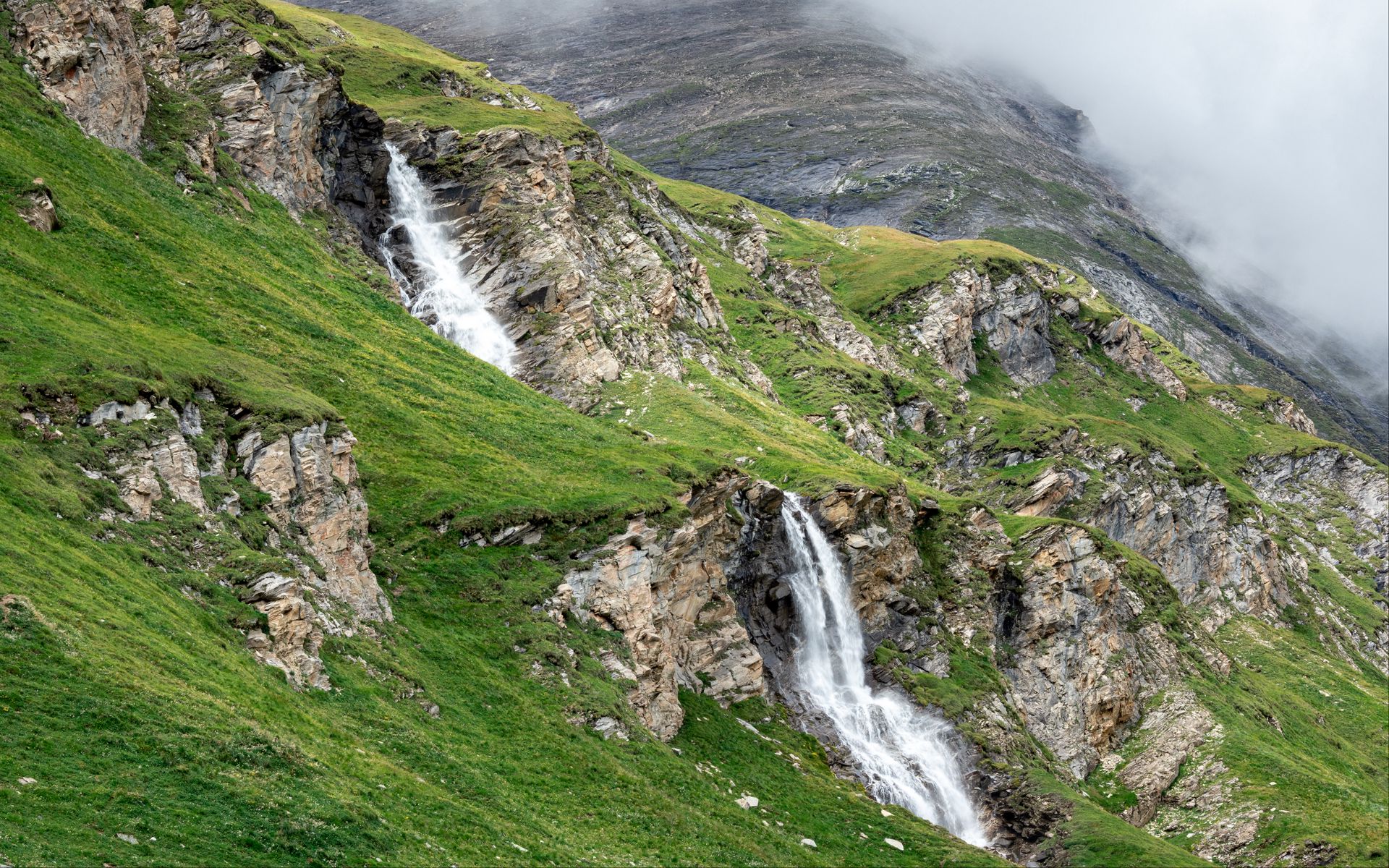 Download wallpaper 1920x1200 waterfall, slope, rocks, grass, landscape ...