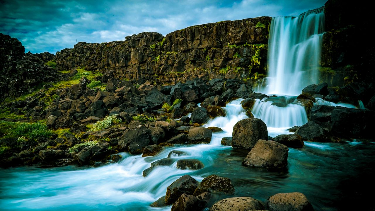 Wallpaper waterfall, stones, rocks, grass, nature hd, picture, image