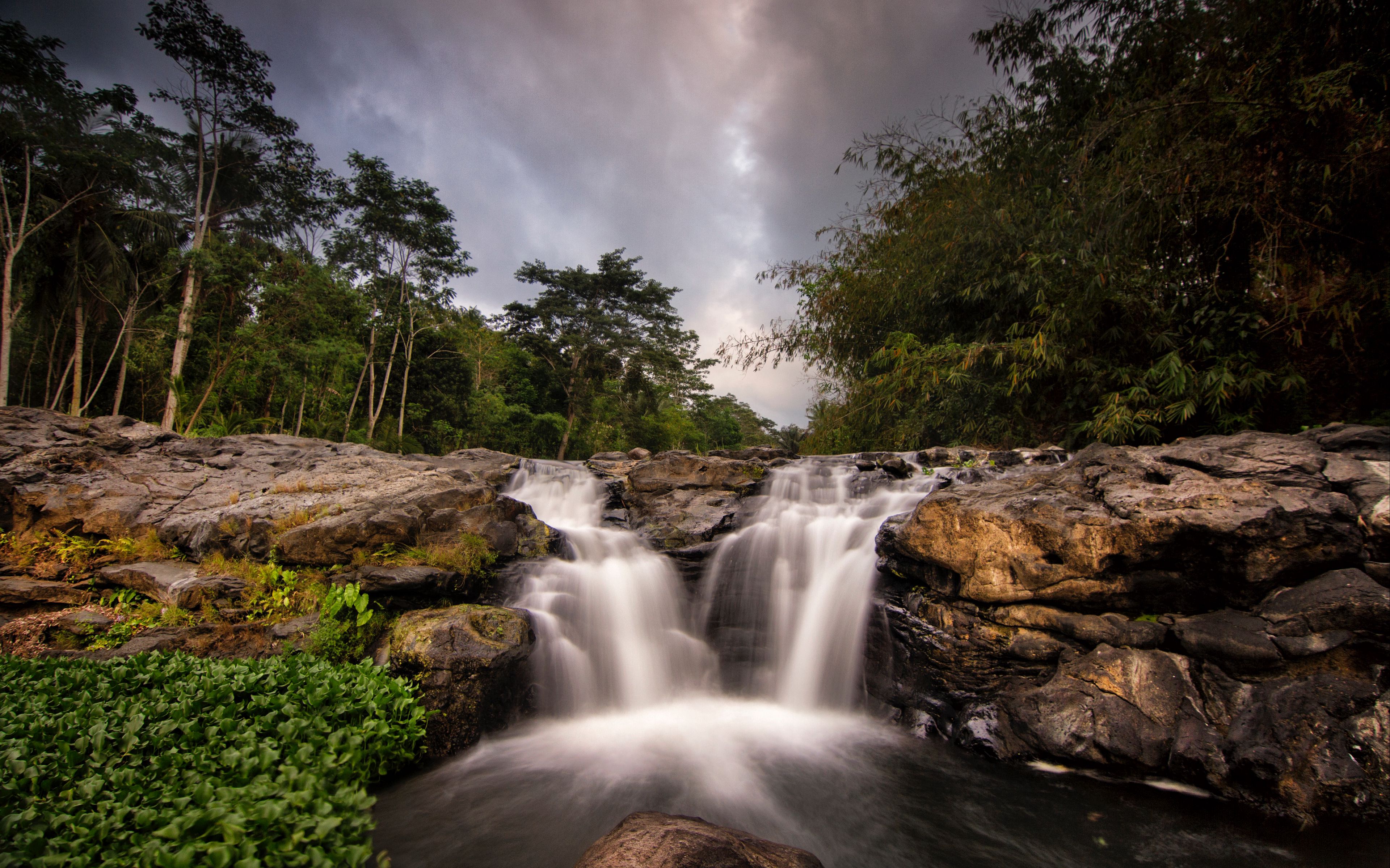 Download wallpaper 3840x2400 waterfall, stream, trees, bushes, stones ...