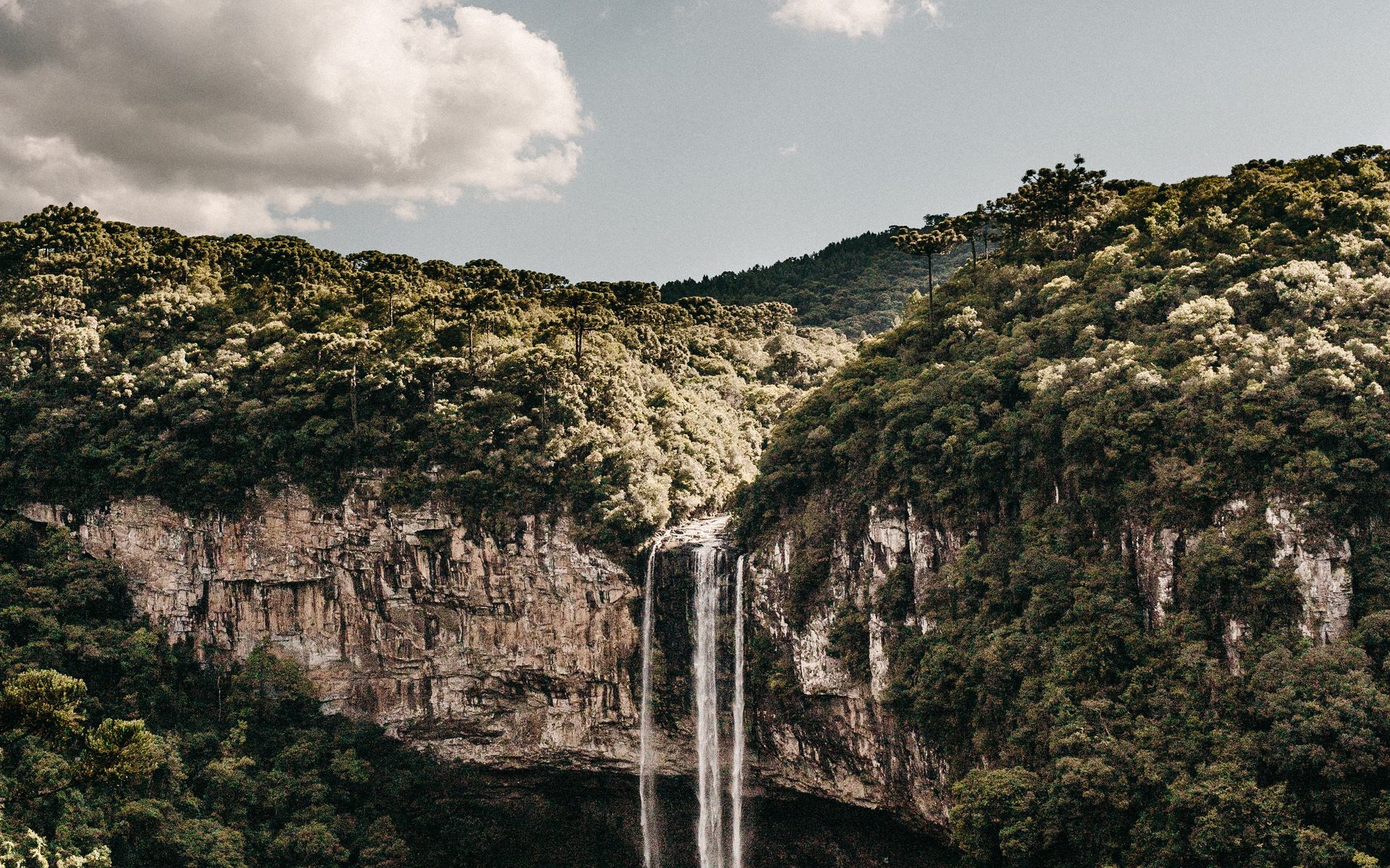 Download wallpaper 1920x1200 waterfall, trees, cliff, sky, clouds ...