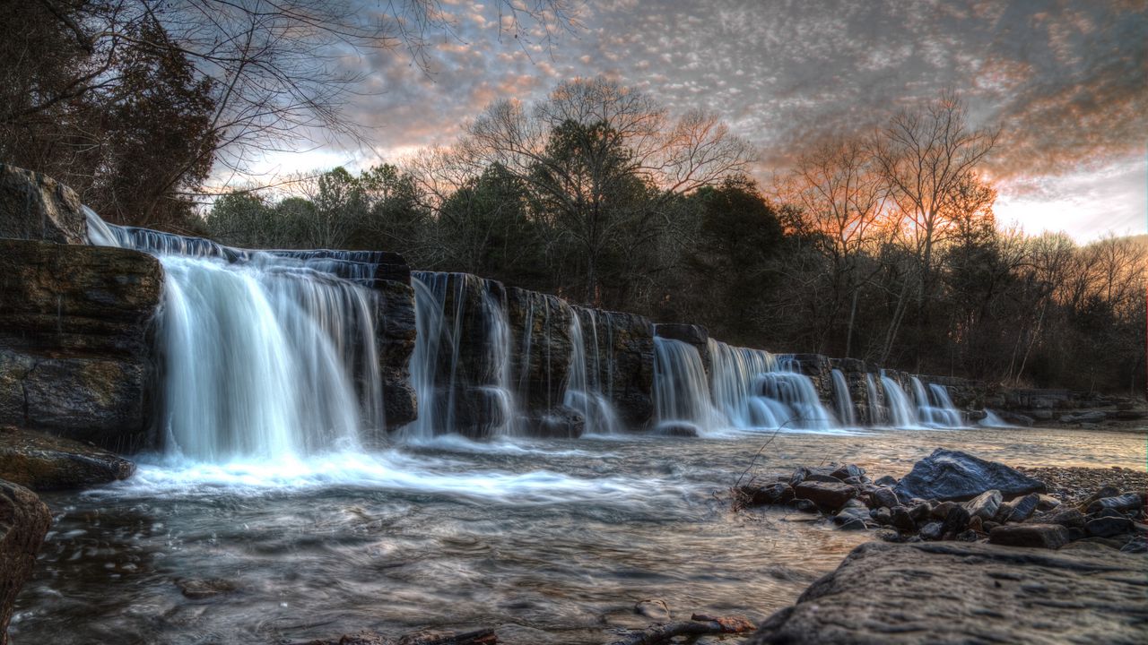 Wallpaper waterfall, water, rocks, trees, landscape hd, picture, image