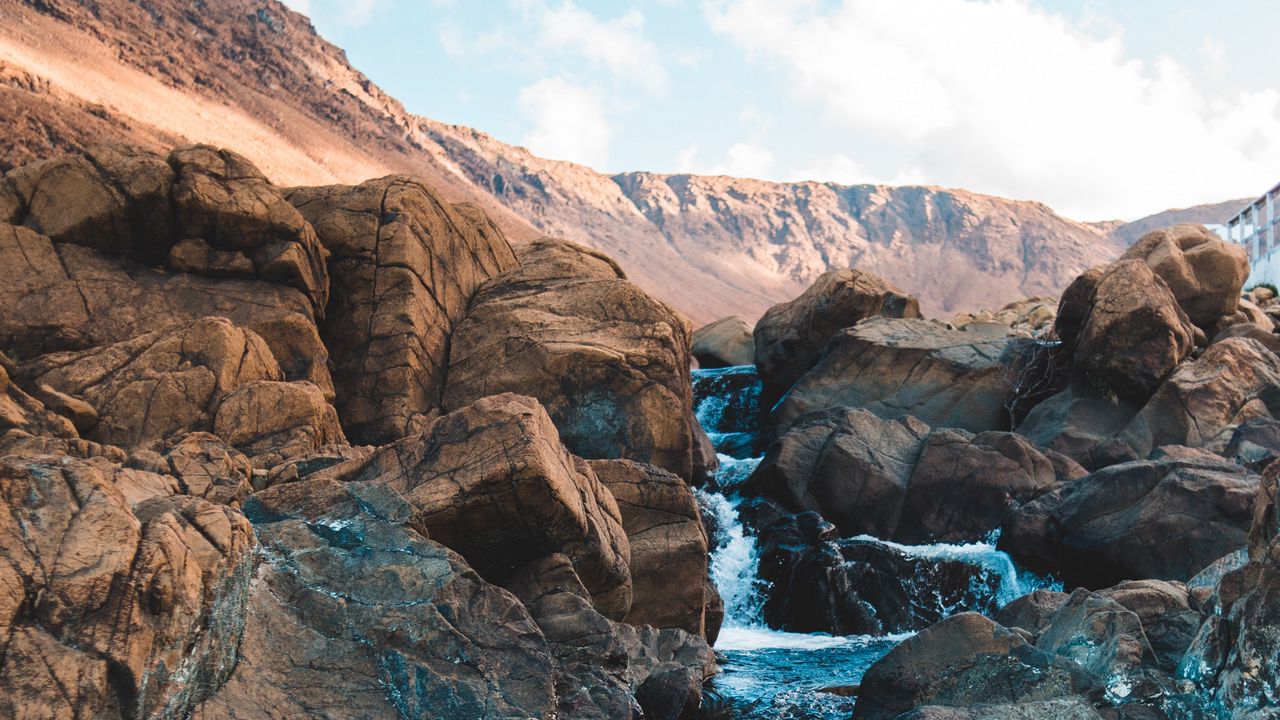 Wallpaper waterfall, water, stones, rocks, sky hd, picture, image