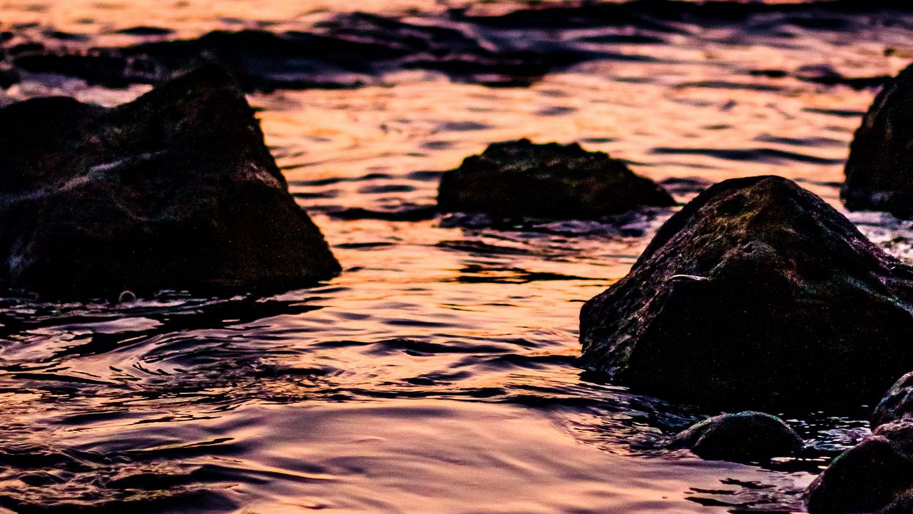 Wallpaper waves, sunset, water, stones hd, picture, image