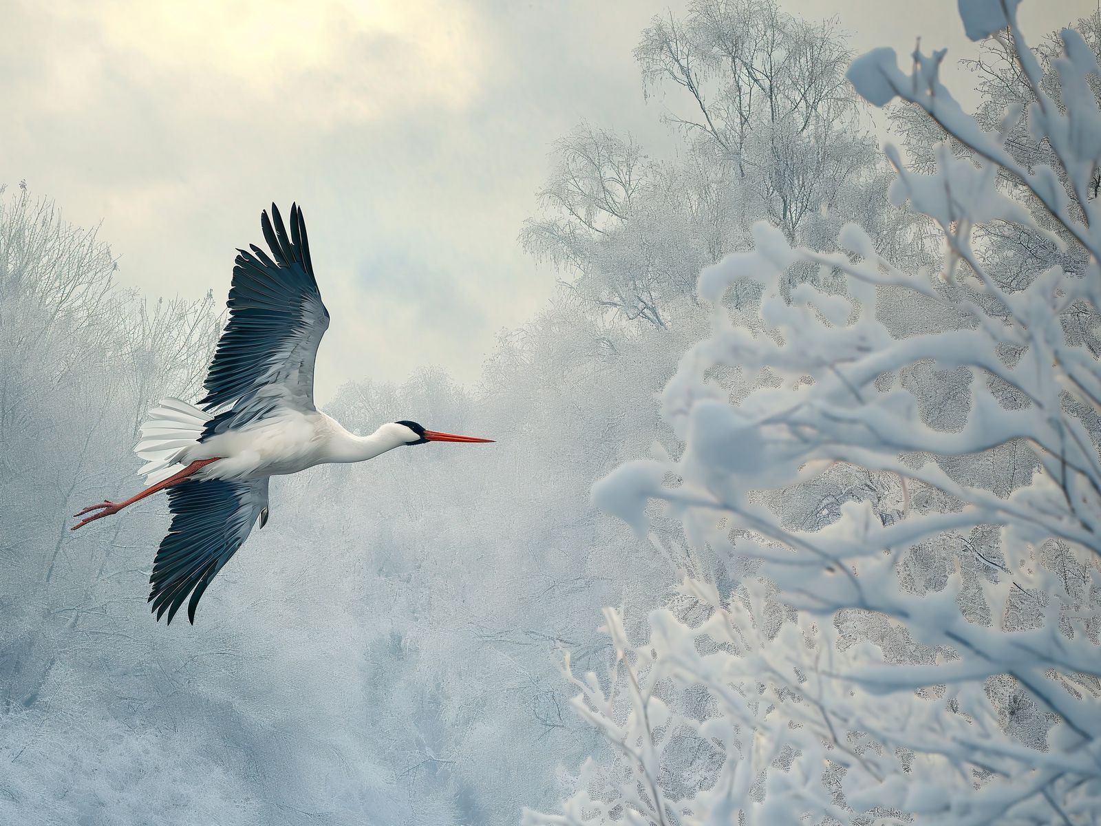 Download wallpaper 1600x1200 white stork, stork, bird, snow, winter ...