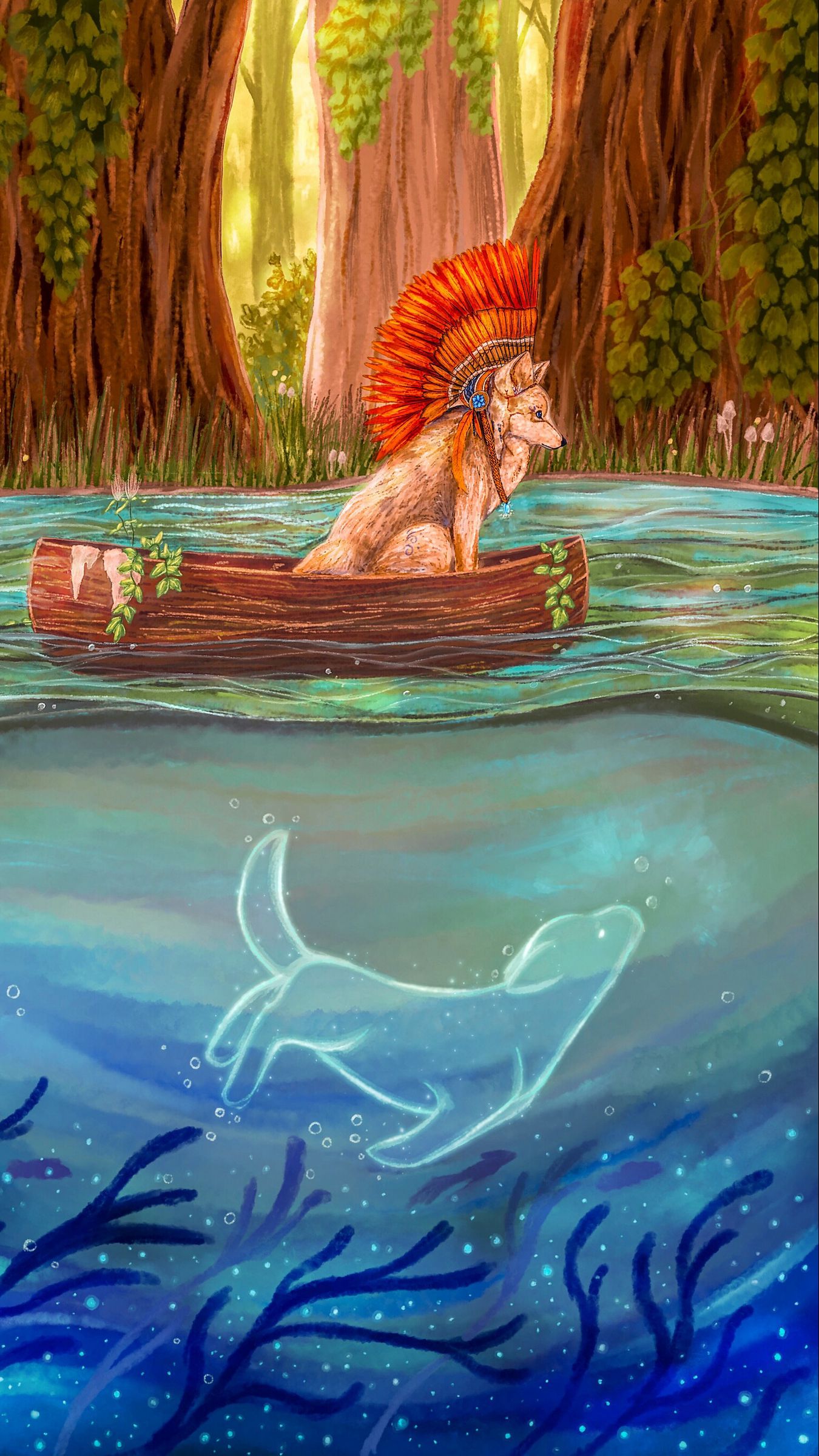 Download wallpaper 1350x2400 wolf, boat, art, river iphone 8+/7+/6s+/6 ...